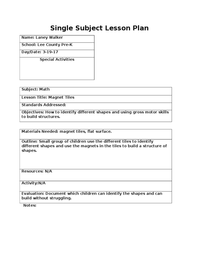 Single Subject Lesson Plan | PDF