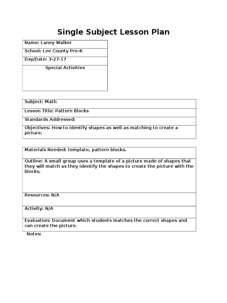 Single Subject Lesson Plan | PDF