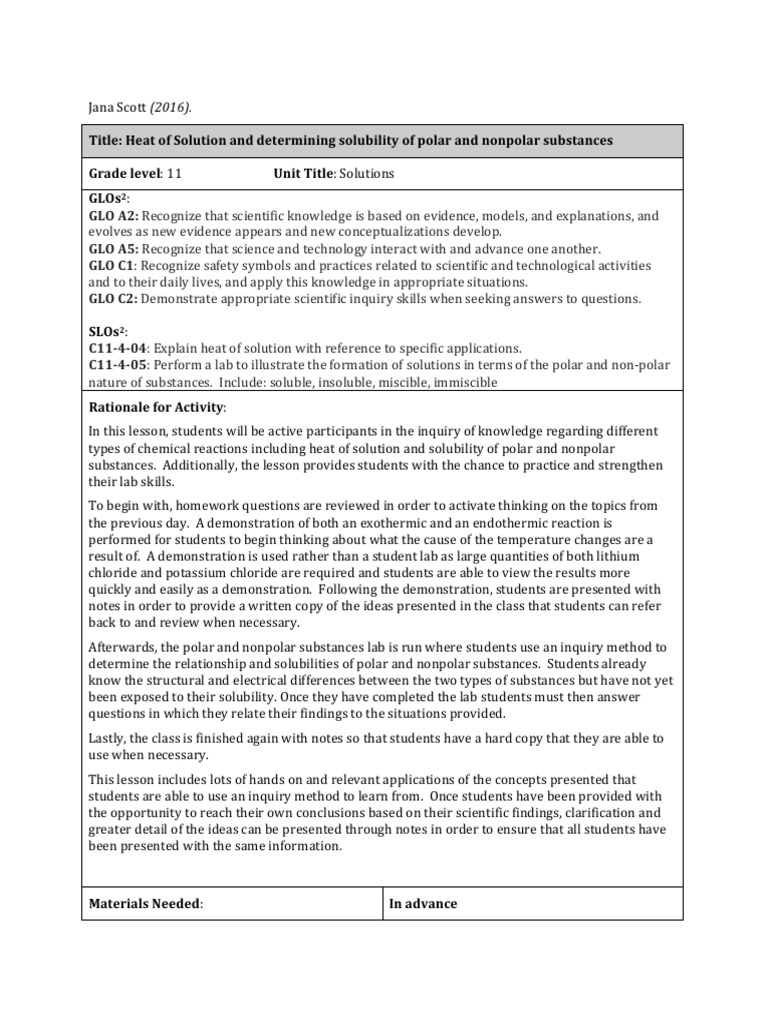 Heat of Solution Lesson Plan | PDF | Solution | Solubility