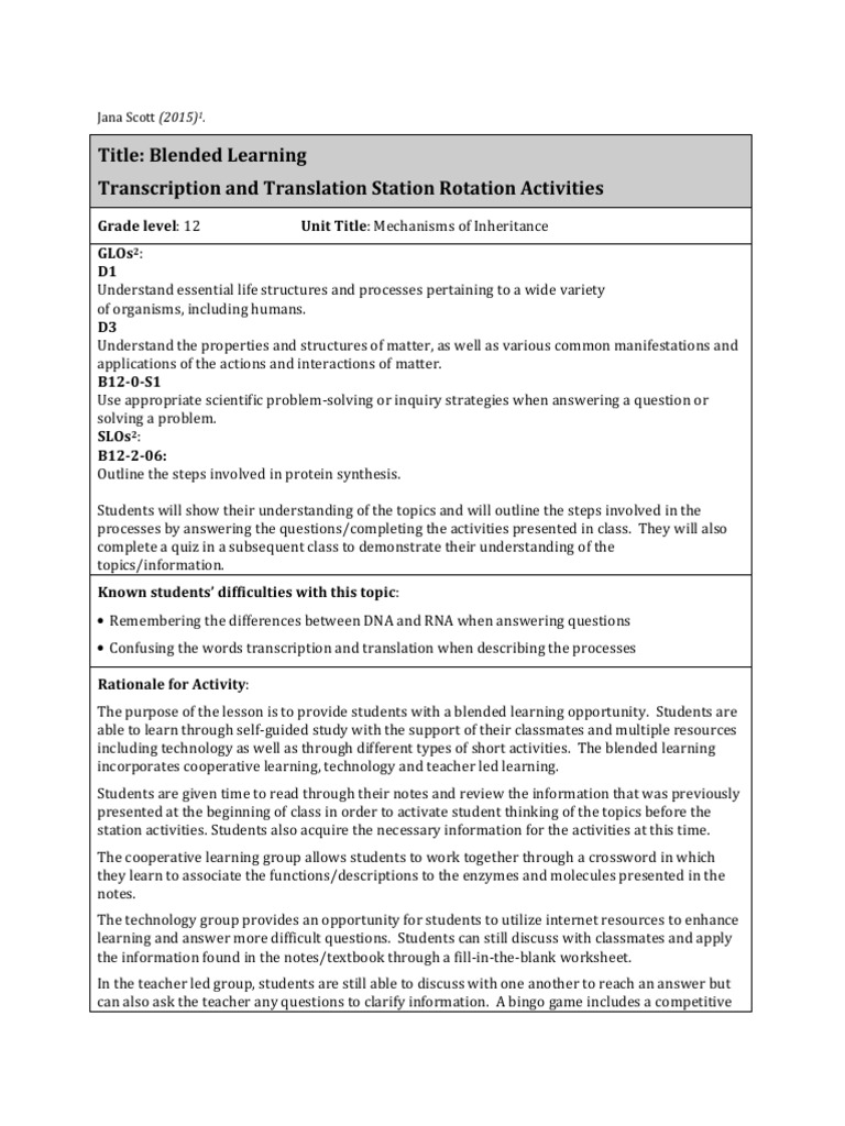 Transcription and Translation Activities | PDF | Learning | Teaching