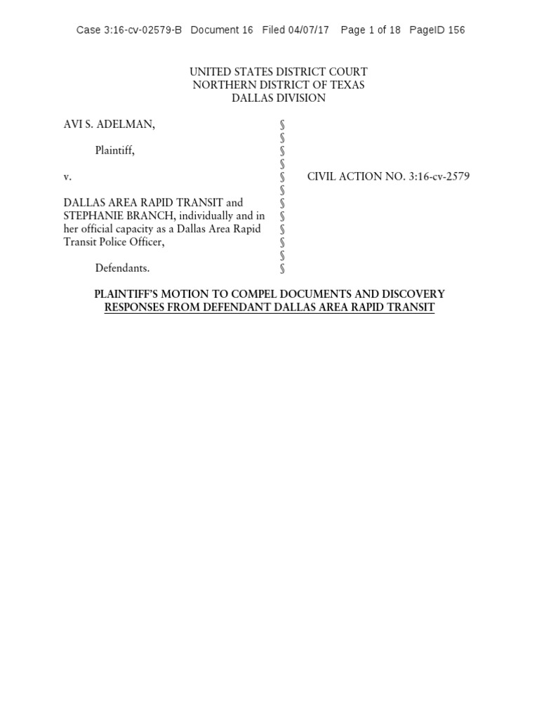 Motion To Compel DART 4-7-17 | PDF | Discovery (Law) | Deposition (Law)