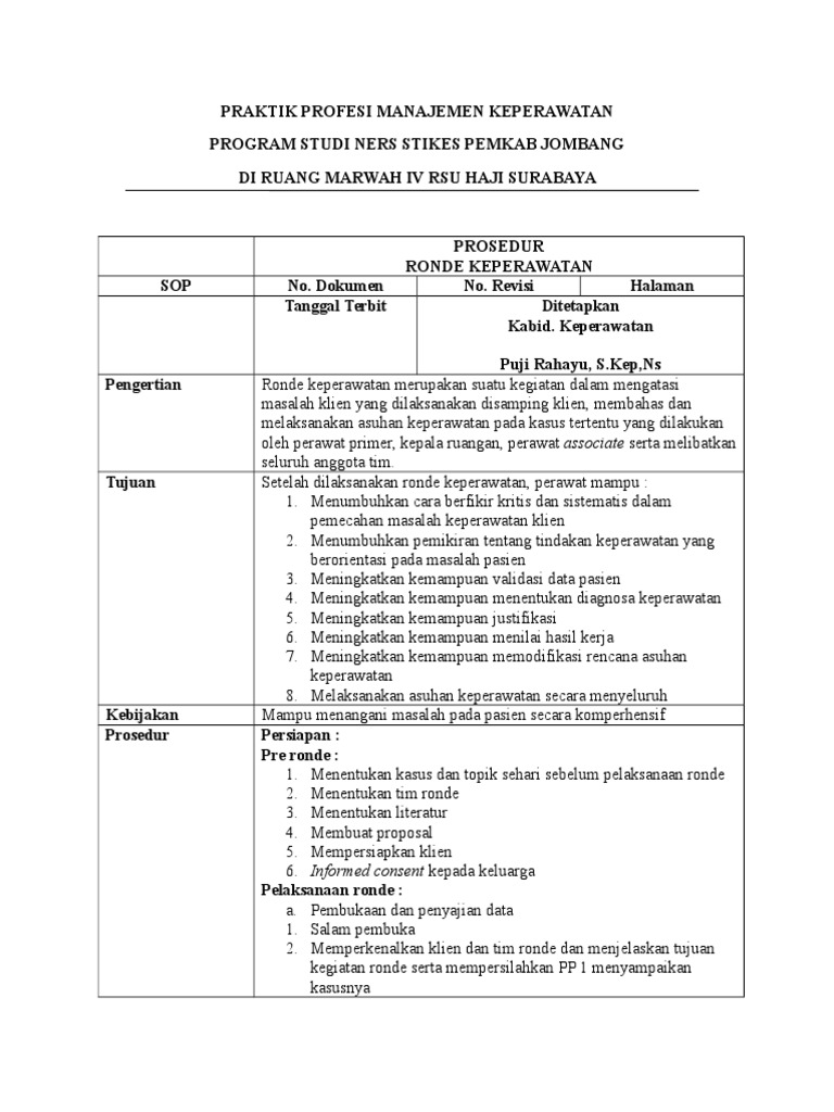 SOP Ronde Keperawatan RSU Haji Surabaya | PDF | Karier & Perkembangan | Pengembangan Diri