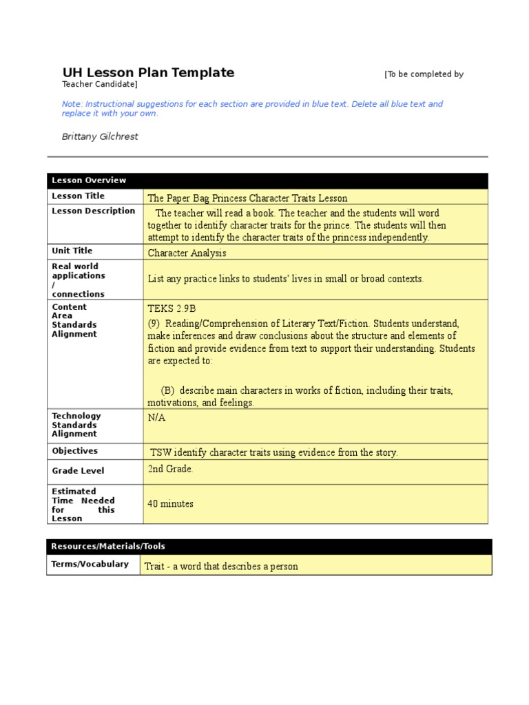 UH Lesson Plan Template: Brittany Gilchrest | PDF | Educational ...