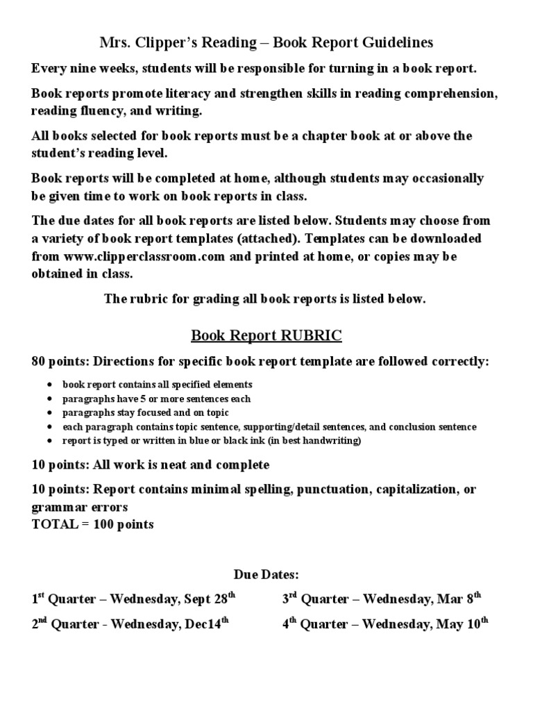Mrs. Clipper's Reading - Book Report Guidelines: ST TH ND TH RD TH TH ...