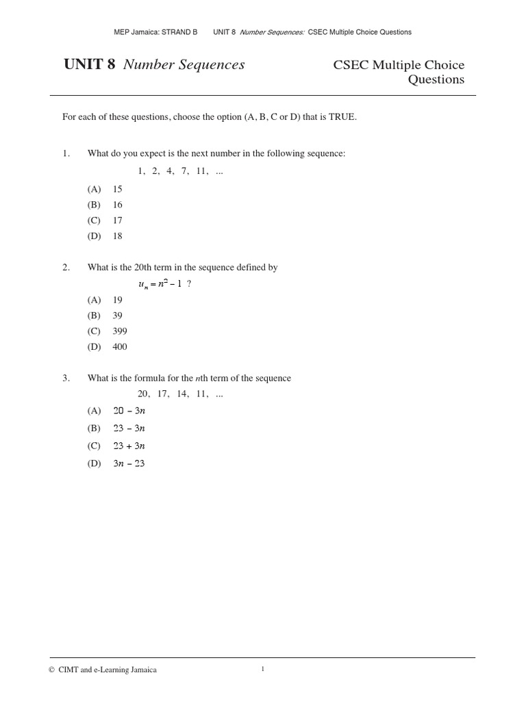 UNIT 8 Number Sequences: CSEC Multiple Choice Questions | PDF