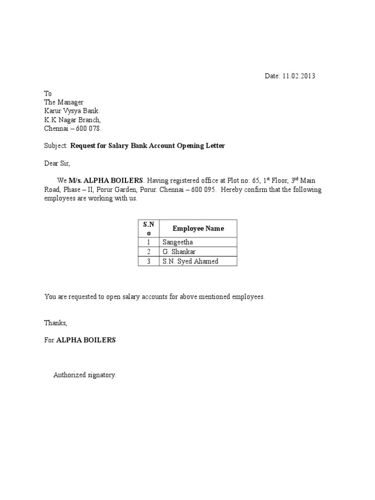Bank Account Opening Letter | PDF