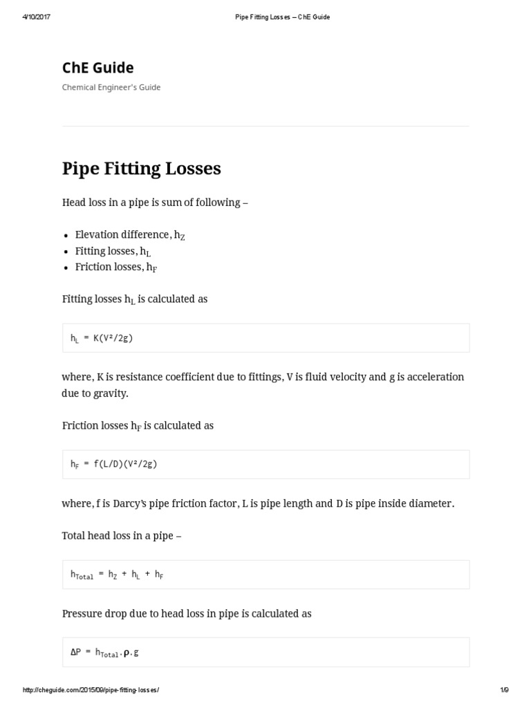 Pipe Fitting Loss Coefficient K | PDF | Valve | Hydraulic Engineering