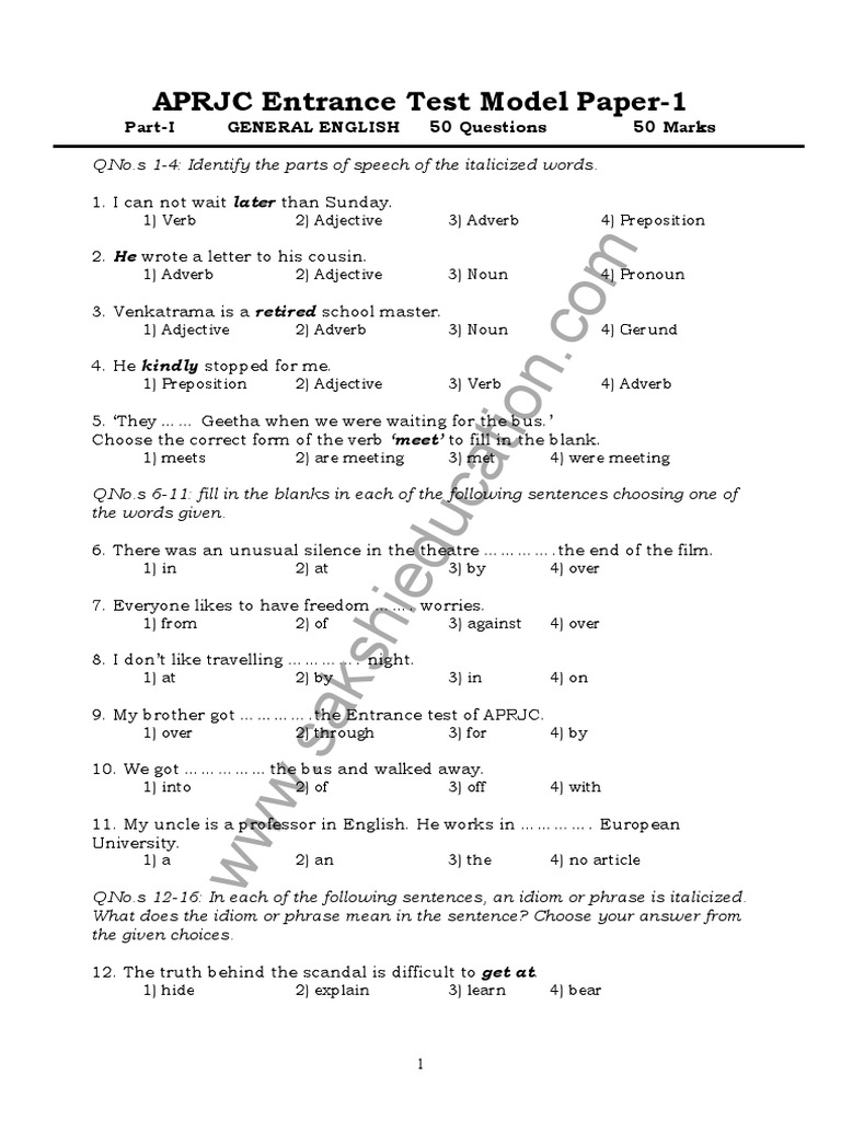 APRJC Entrance Exam Model Paper 2024 | PDF | Adverb | Adjective