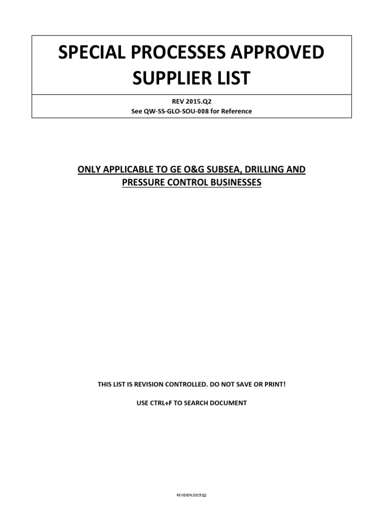 Special Processes Approved Supplier List: Only Applicable To Ge O&G ...