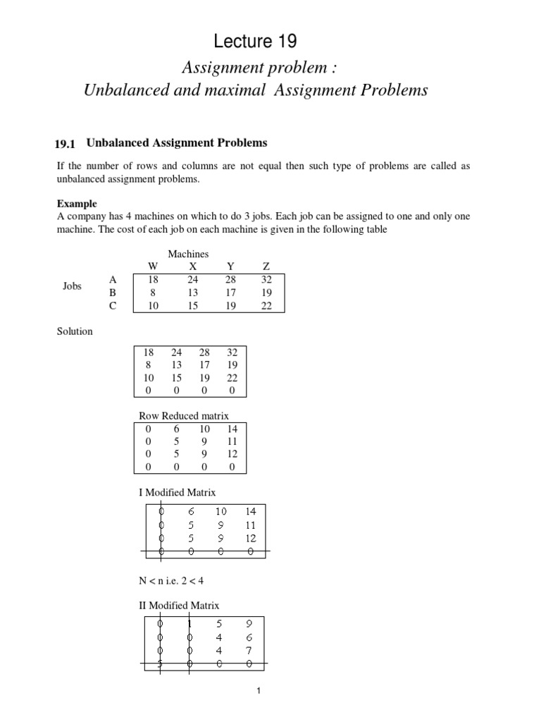 Assignment Problem: Unbalanced and Maximal Assignment Problems | PDF