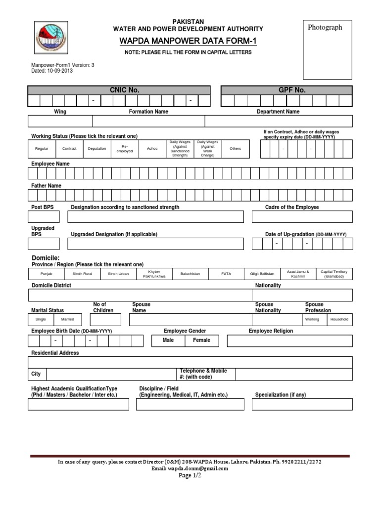 Wapda Manpower Data Form-1: Photograph | Download Free PDF | Pakistan ...