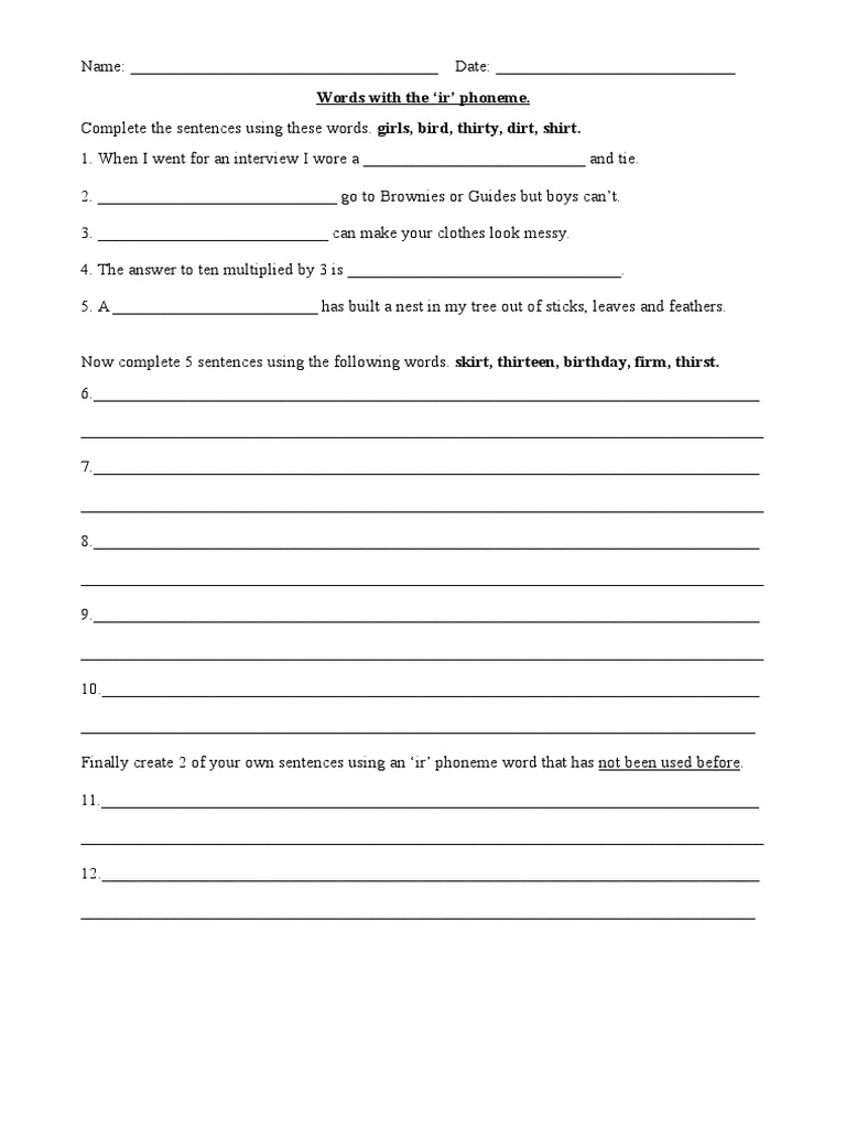 Practicing Words Containing the 'Ir' Phoneme: A Worksheet for Students ...
