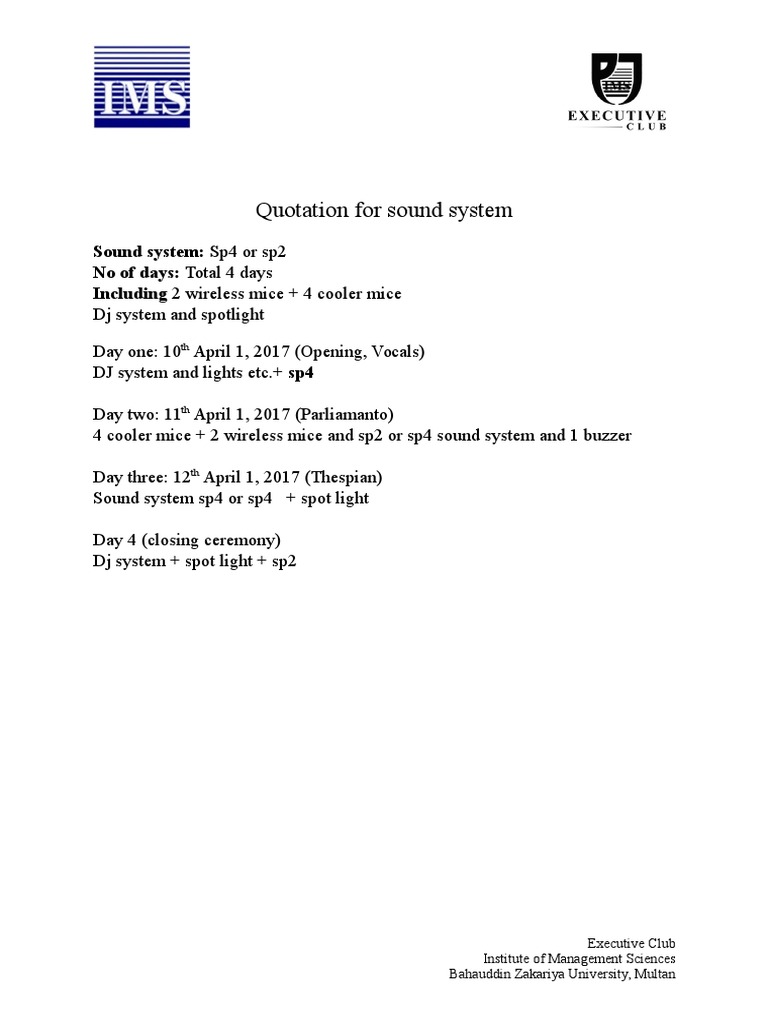 Quotation For Sound System: Sound System: Sp4 or sp2 No of Days: Total ...