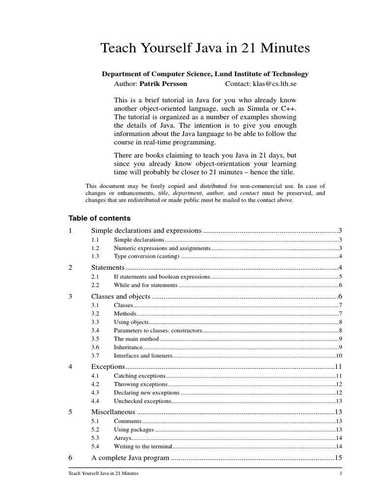 Teach Yourself Java in 21 Minutes: Department of Computer Science, Lund ...