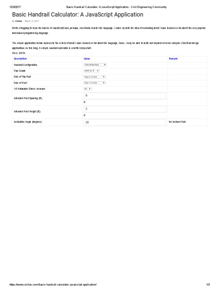 Handrail Calculator JavaScript Tool | PDF | Engineering | Civil Engineering
