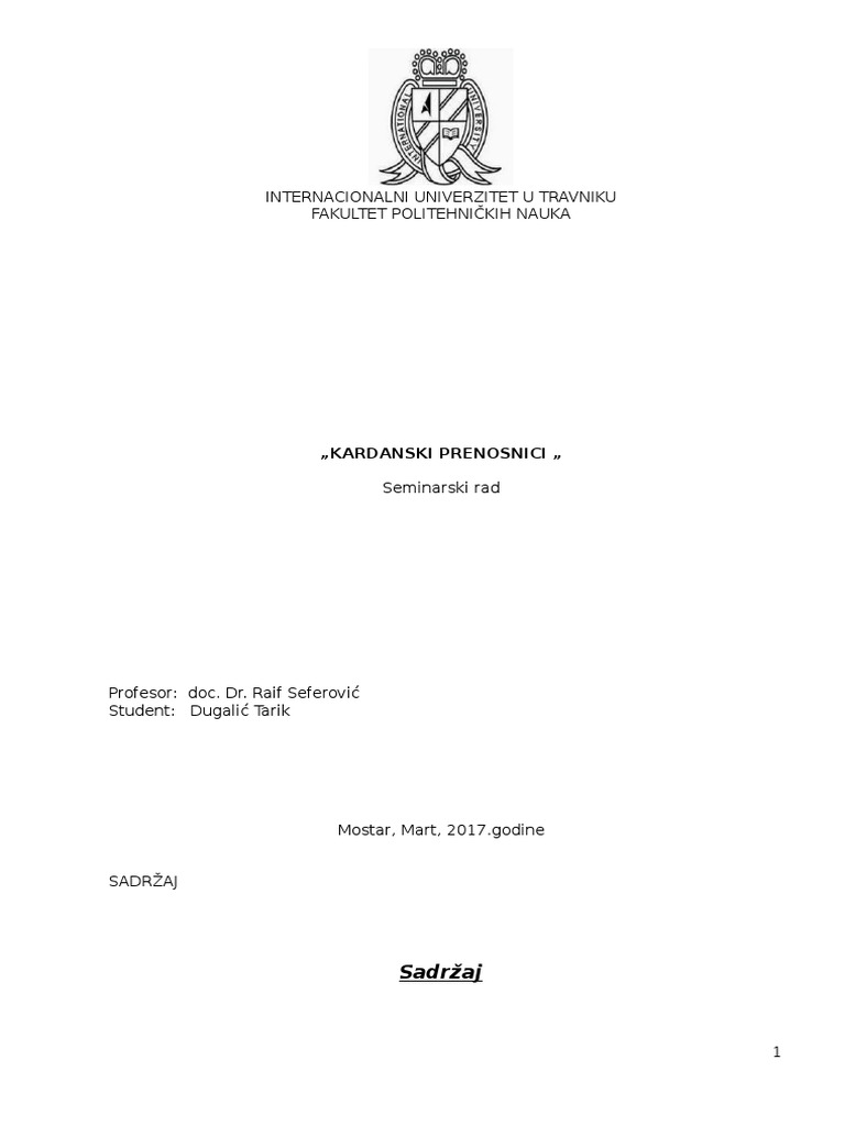 Seminarski Rad Prenos Snage I Kretanja, Kardanski Prenosnik | PDF