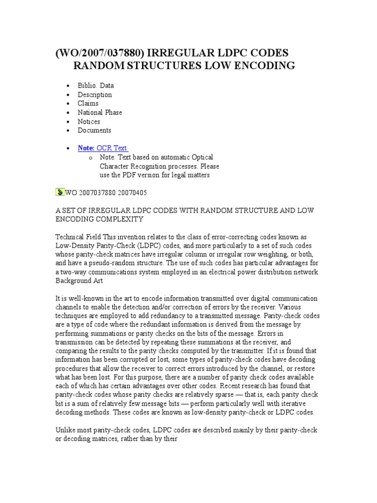 (WO/2007/037880) IRREGULAR LDPC CODES Random Structures Low Encoding ...
