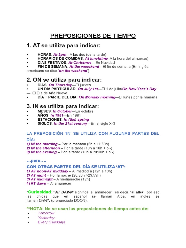 Hoja De Trabajo De Preposiciones De Tiempo