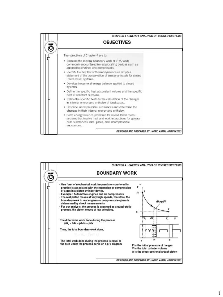 Objectives: Chapter 4: Energy Analysis of Closed Systems | PDF | Heat | Gases