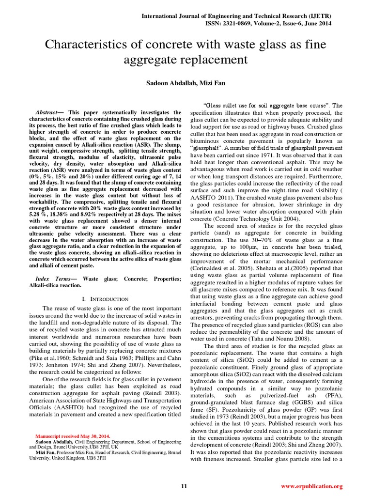 Characteristics of Concrete With Waste Glass As Fine Aggregate ...