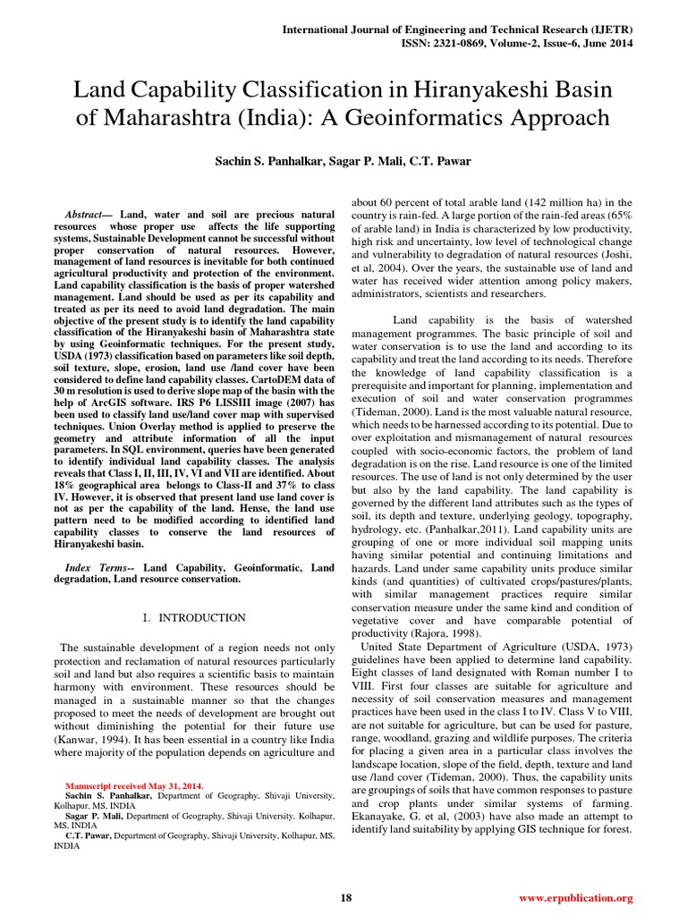 Land Capability Classification in Hiranyakeshi Basin of Maharashtra ...