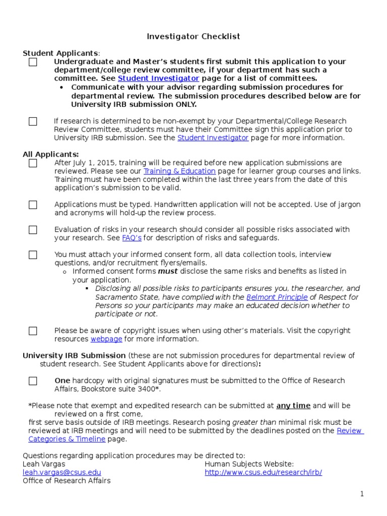 Investigator Checklist | PDF | Institutional Review Board | Informed ...