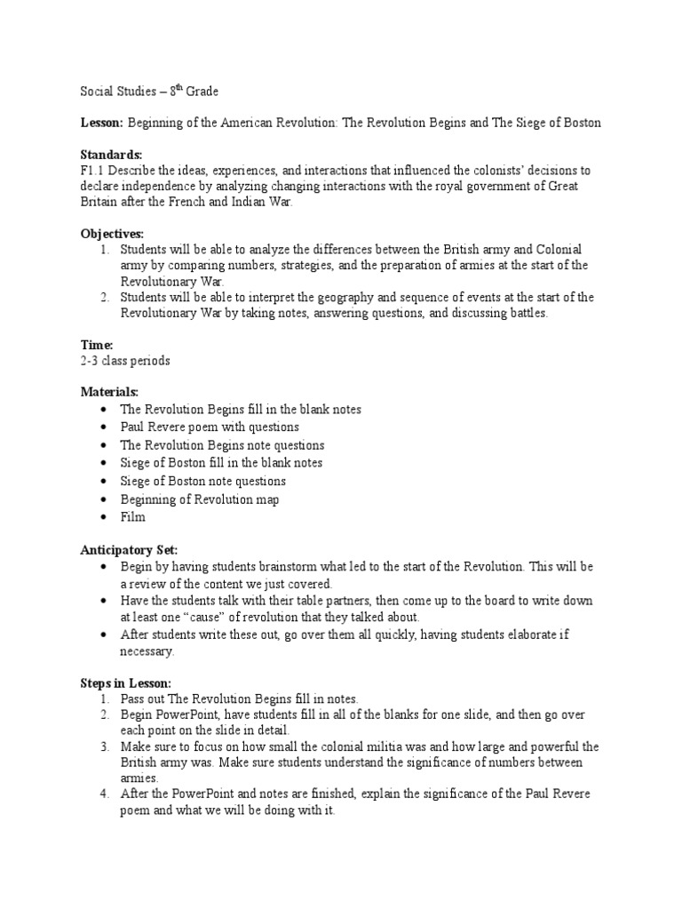 Beginning of The American Revolution Lesson Plans | PDF