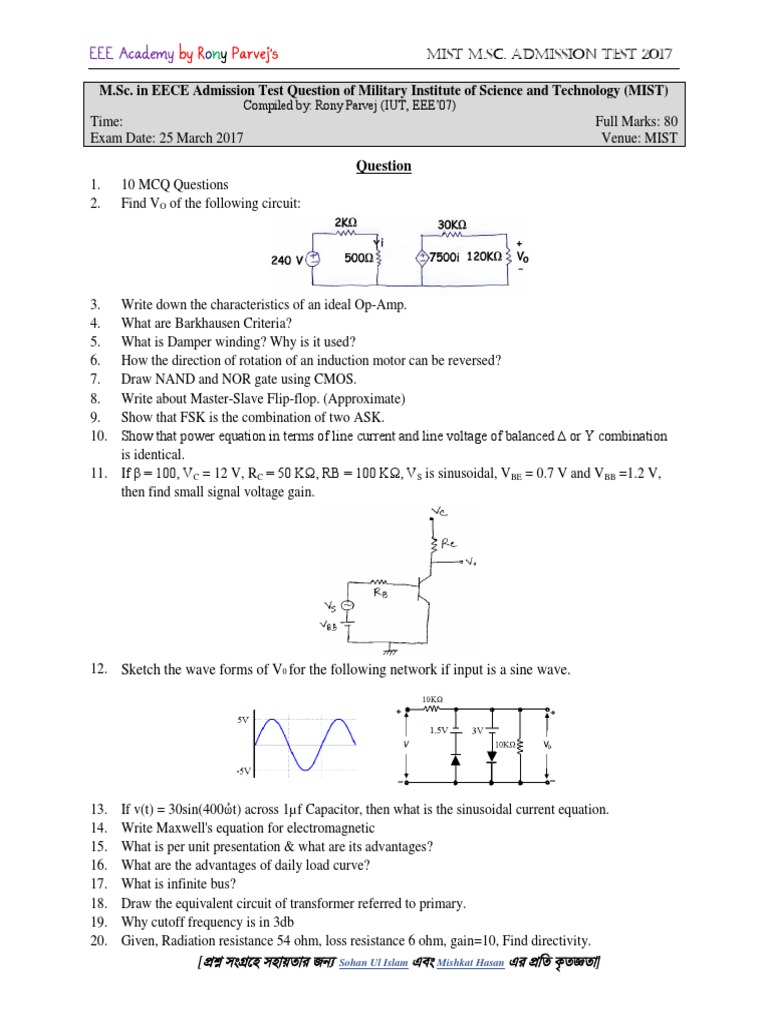 MIST M.Sc. Admission Test 2017 Questions | PDF | Electric Motor ...