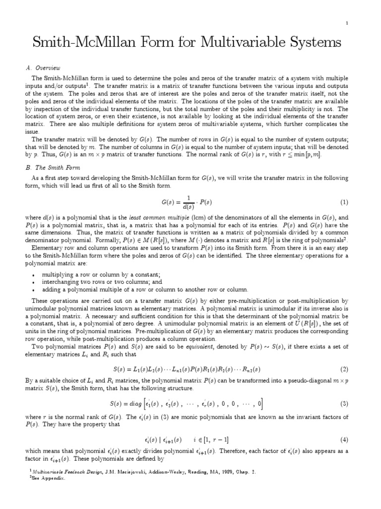 Smith-Mcmillan Form For Multivariable Systems | PDF | Matrix (Mathematics) | Ring (Mathematics)