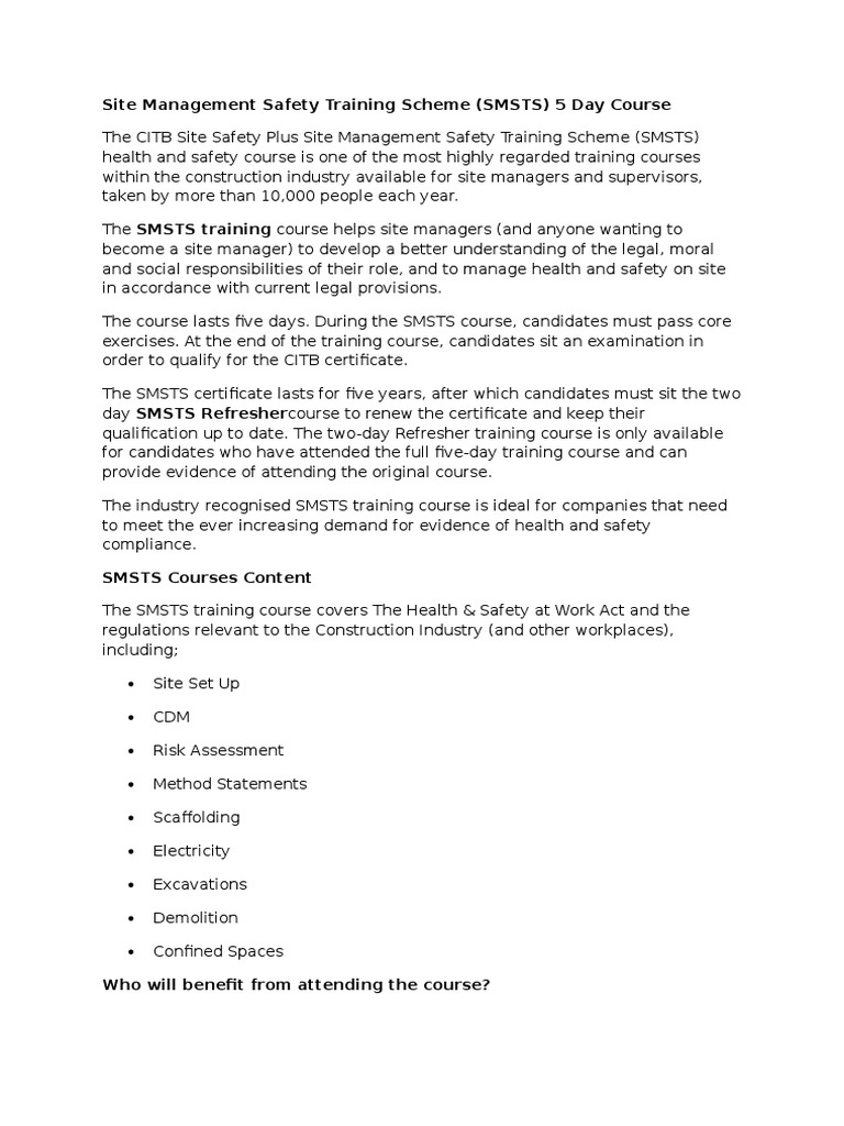 Site Management Safety Training Scheme (SMSTS) 5 Day Course | PDF