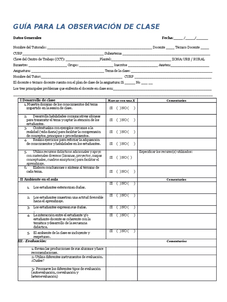 Ejemplo Guía Para La Observación de Clase | Maestros | Aprendizaje