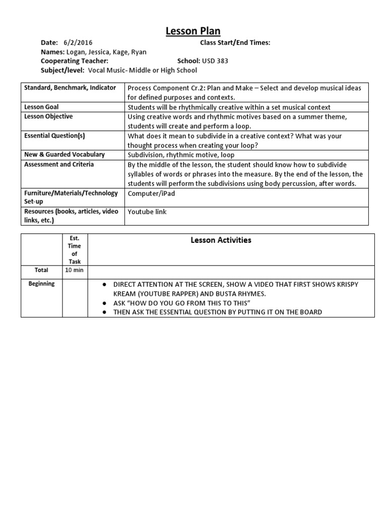 Creative Rhythm Lesson Plan for Music | PDF | Rhythm | Singing