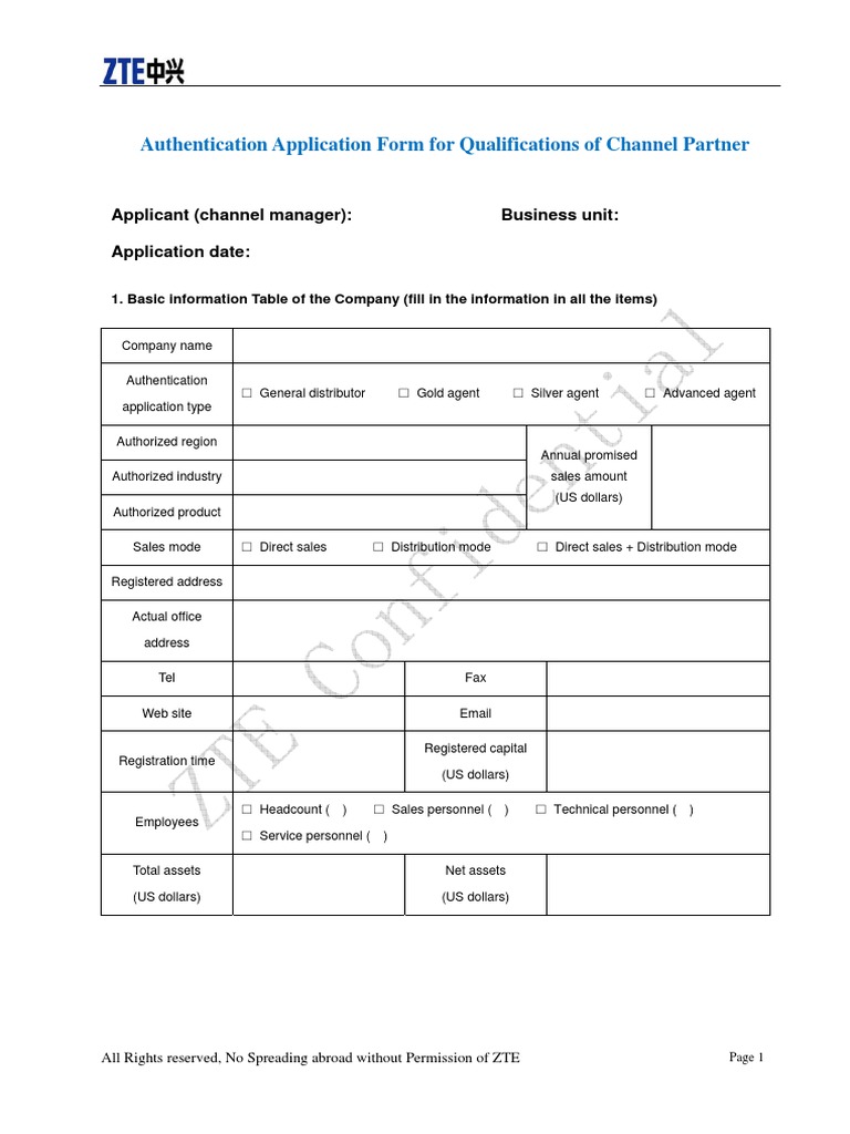Authentication Application Form For Qualifications of Channel Partner ...