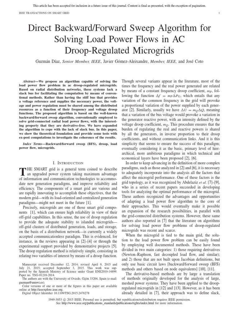 Direct Backward/Forward Sweep Algorithm For Solving Load Power Flows in AC Droop-Regulated ...