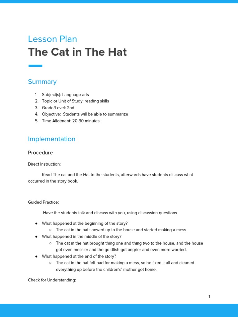 The Cat in The Hat: Lesson Plan | PDF