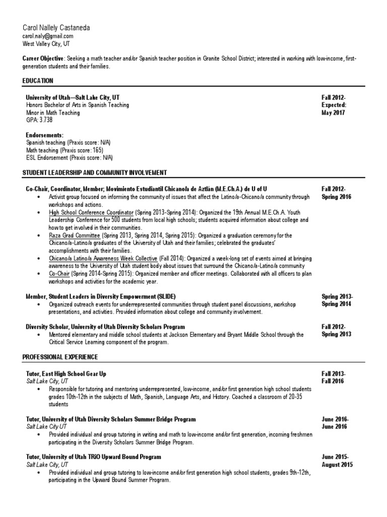 Carol Castaneda Resume Weebly | PDF | Mentorship | Tutor