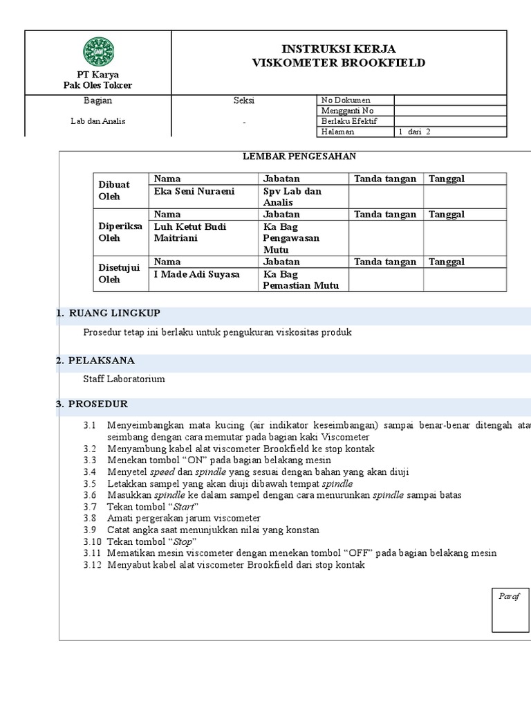 Prosedur Penggunaan Viskometer Brookfield | PDF