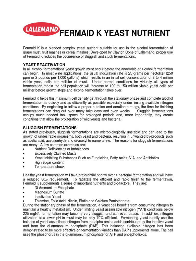Fermaid K Aug 09 Tds | PDF | Fermentation | Fermented Drinks