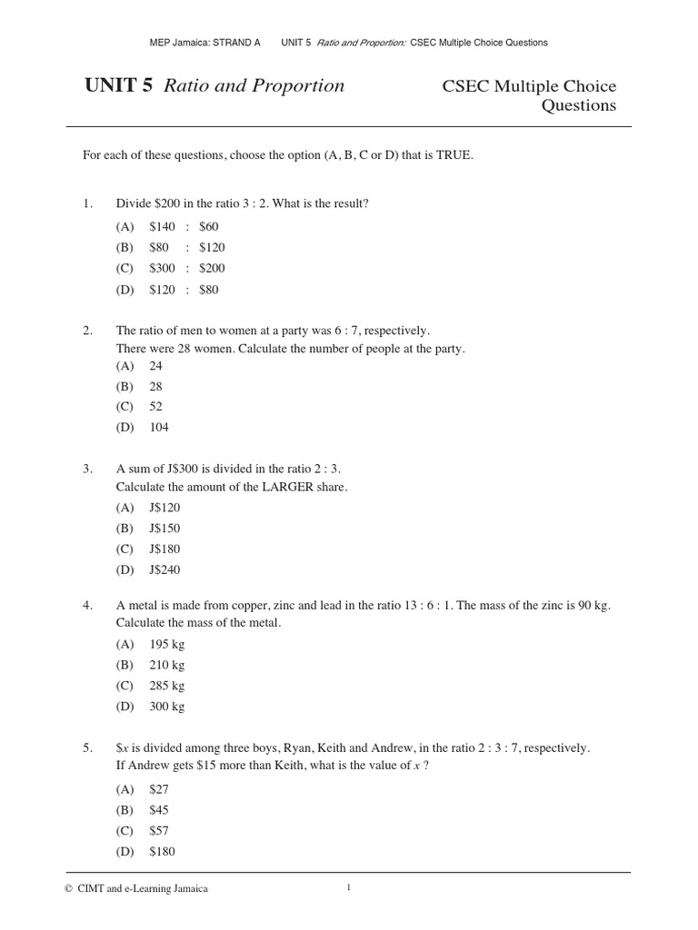 UNIT 5 Ratio and Proportion: CSEC Multiple Choice Questions | PDF