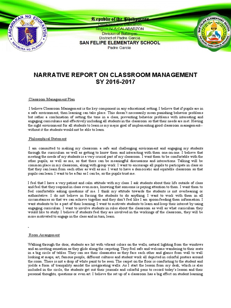 Narrative Report On Classroom Management | PDF | Classroom Management ...