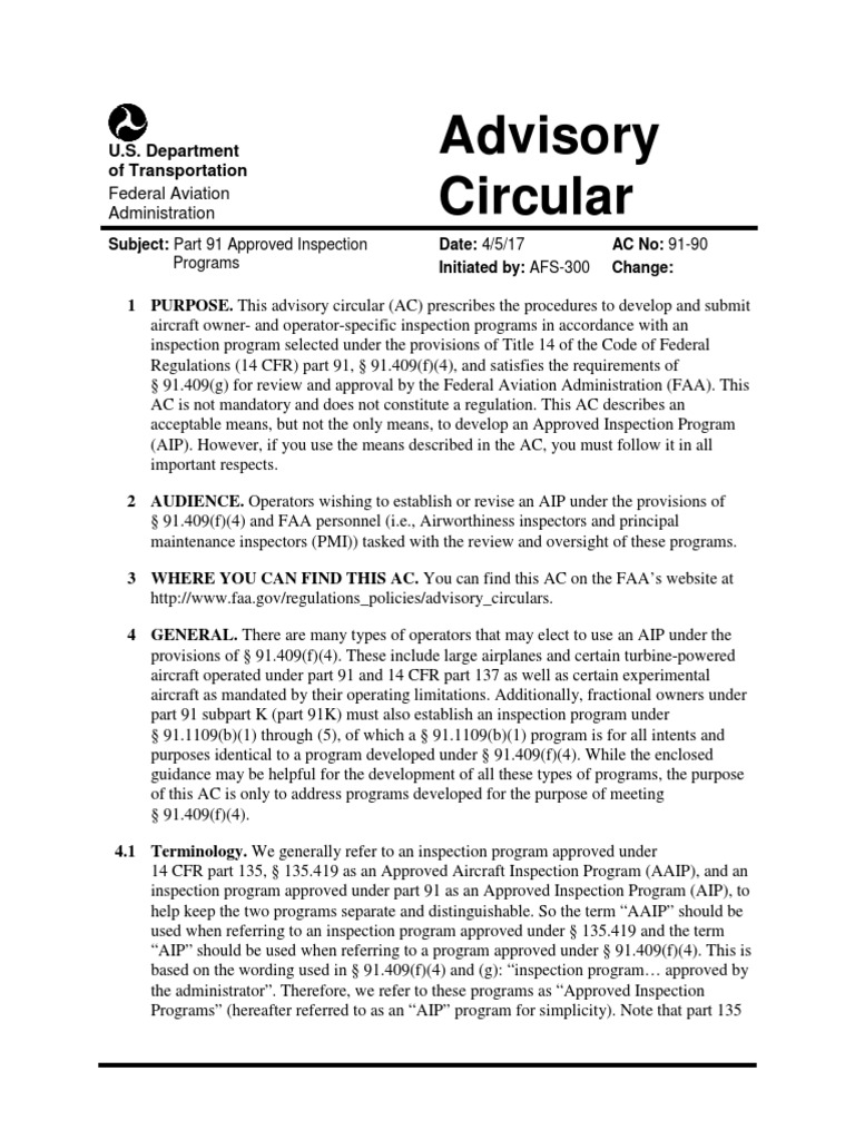 Advisory Circular: Subject: Part 91 Approved Inspection Date: 4/5/17 AC ...