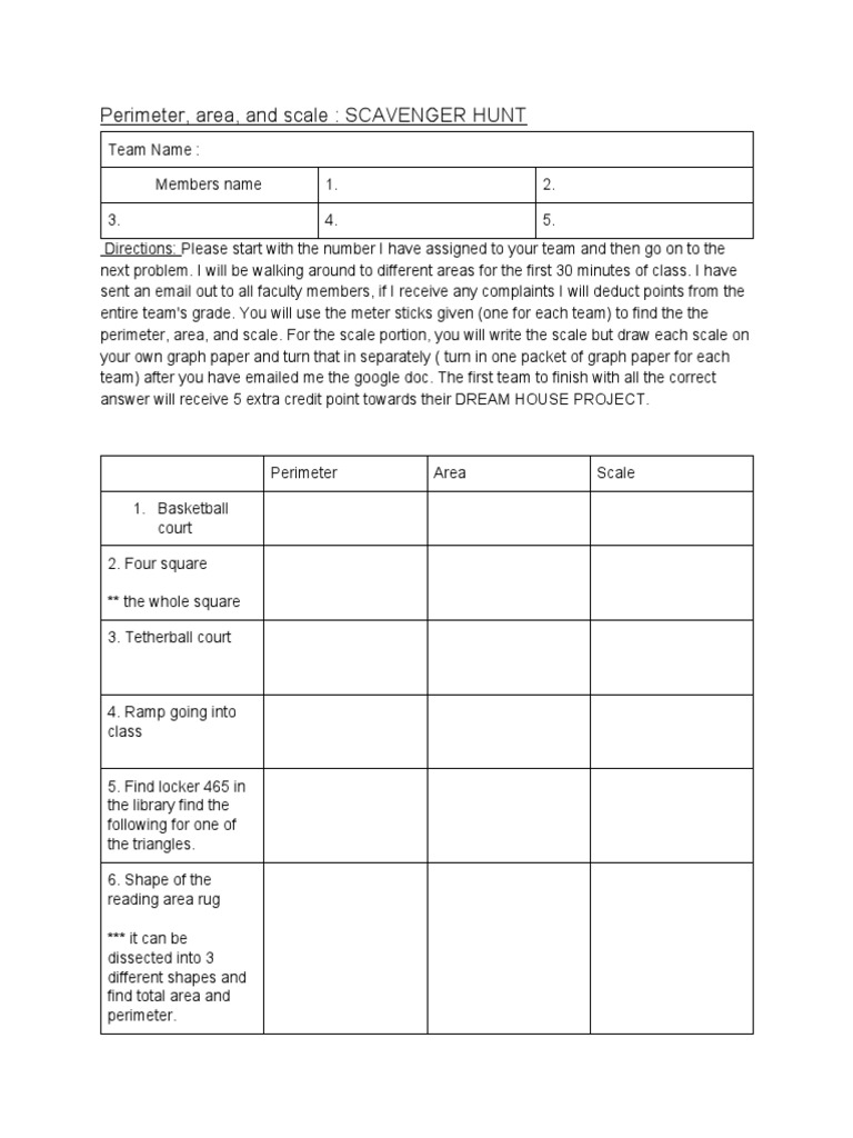 Perimeter and Area Scavenger Hunt Guide | PDF | Teaching Methods ...
