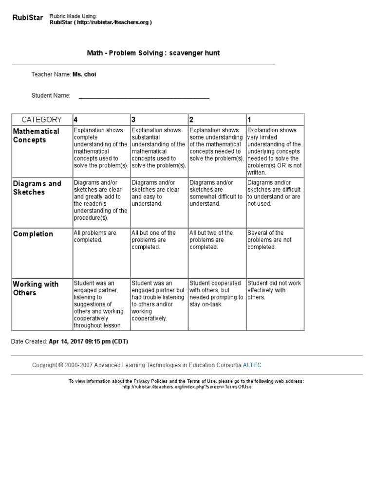 Your Rubric Math - Problem Solving Scavenger Hunt | Download Free PDF ...