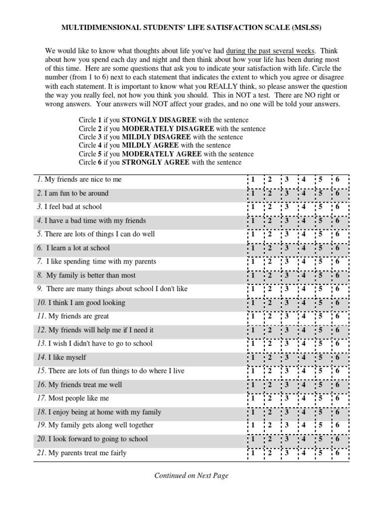 Multidimensional Students’ Life Satisfaction Scale (Mslss)