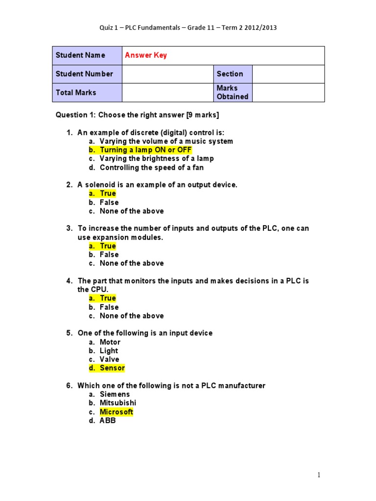 Quiz 1 - Module 1 - Answers | PDF | Programmable Logic Controller ...