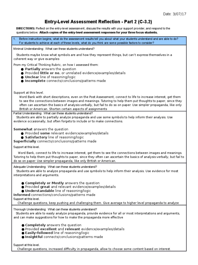 C 3 2 Entry Level Assessment Reflection Part 2 2015 16 | PDF