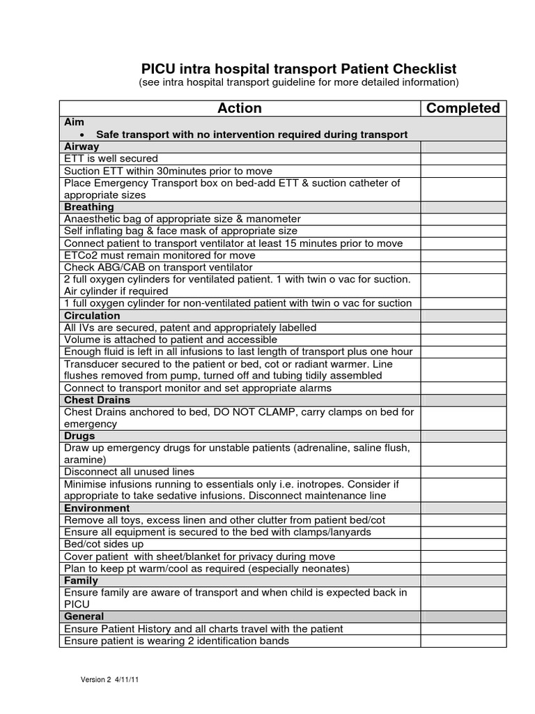 PICU Intra-Hospital Transport Checklist | PDF