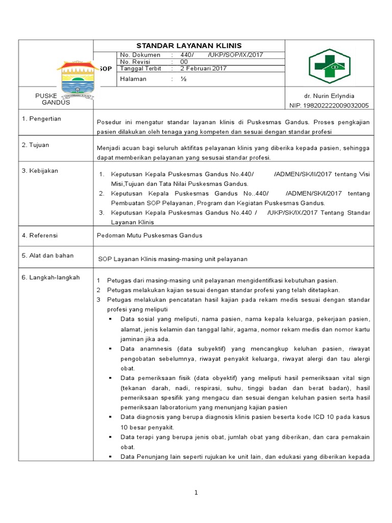 9.2.2.1. SOP Standar Layanan Klinis | PDF | Pengembangan Diri | Kesehatan Holistik