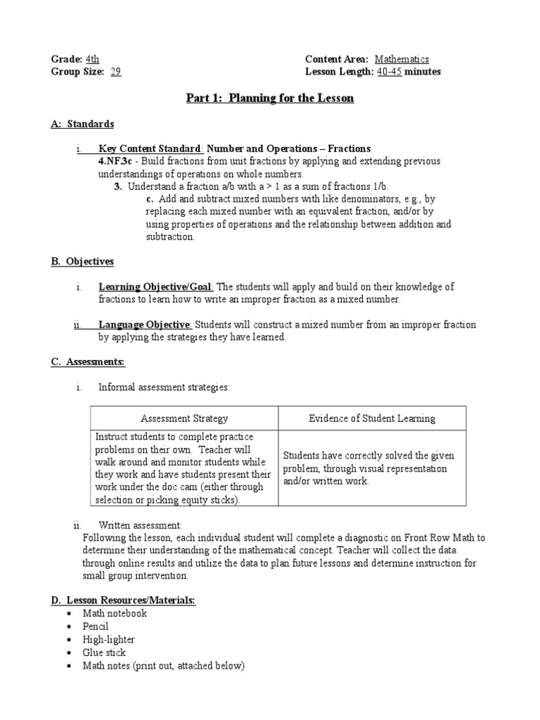 Lesson Planner Observation One | PDF | Fraction (Mathematics) | Numbers
