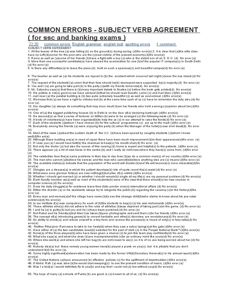 Common Errors - Subject Verb Agreement | PDF